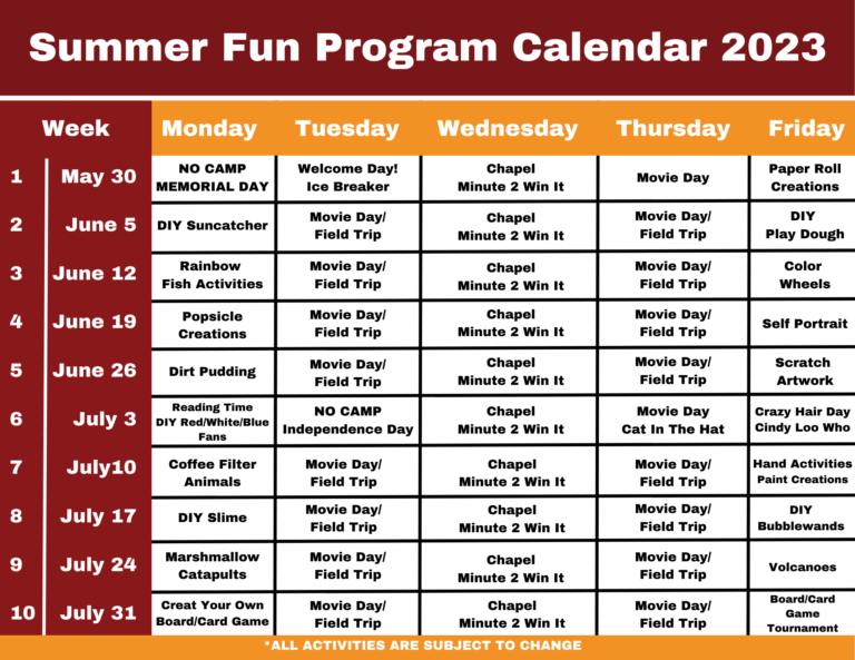 Summer Schedule – Summer Fun
