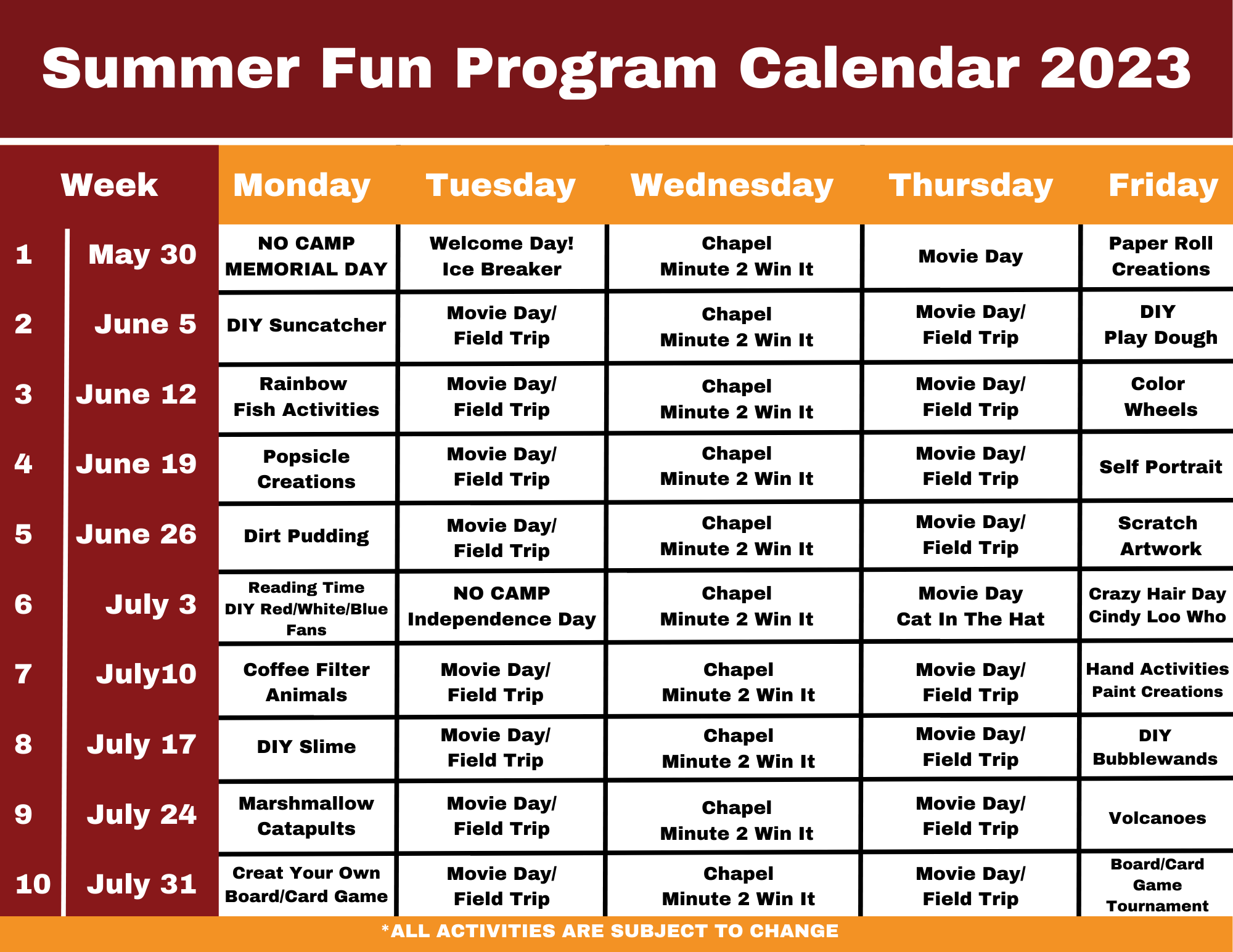 Summer Schedule – Summer Fun