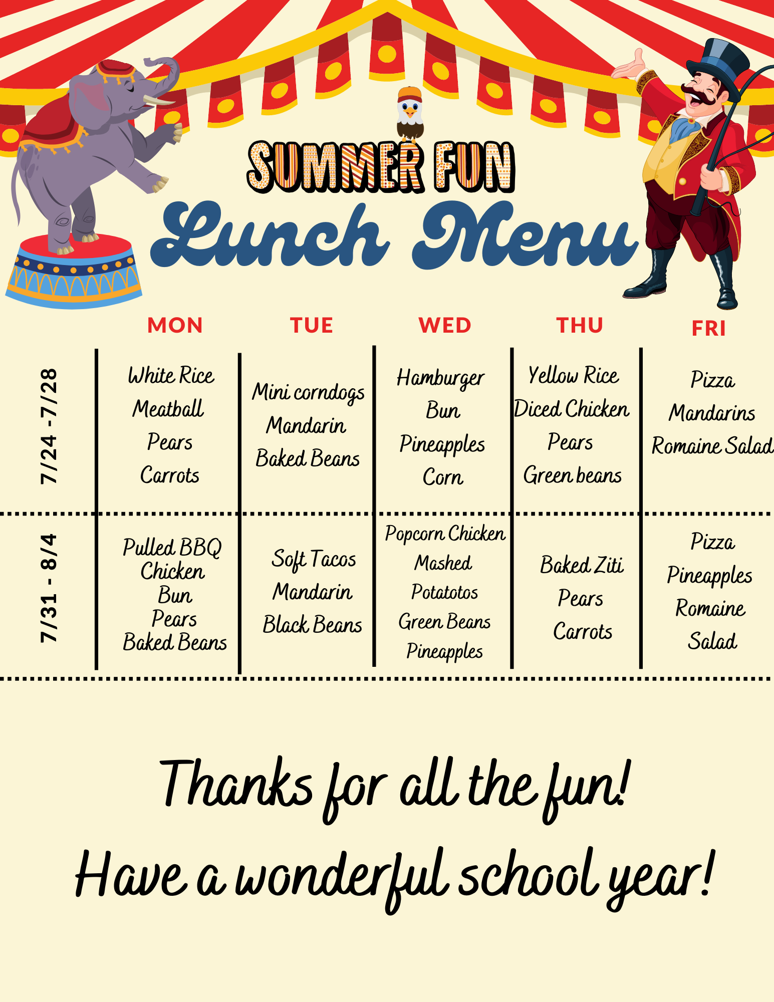 Lunch Menu – Summer Fun